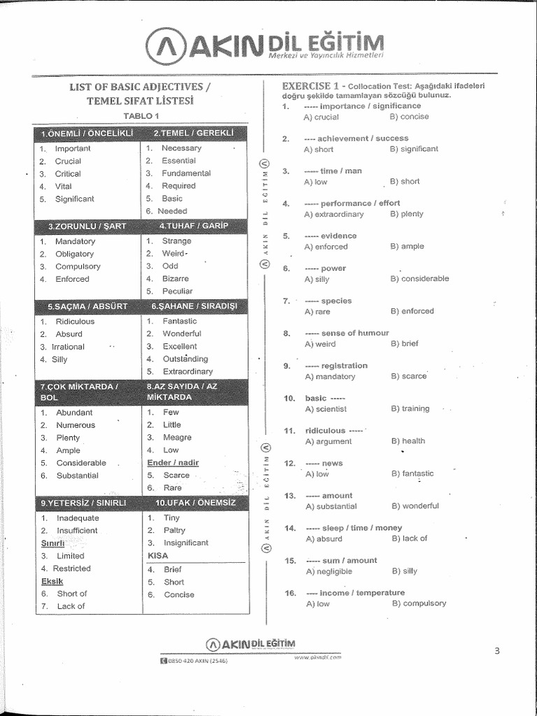 Akın Dil-Vocabulary 1-2 | PDF