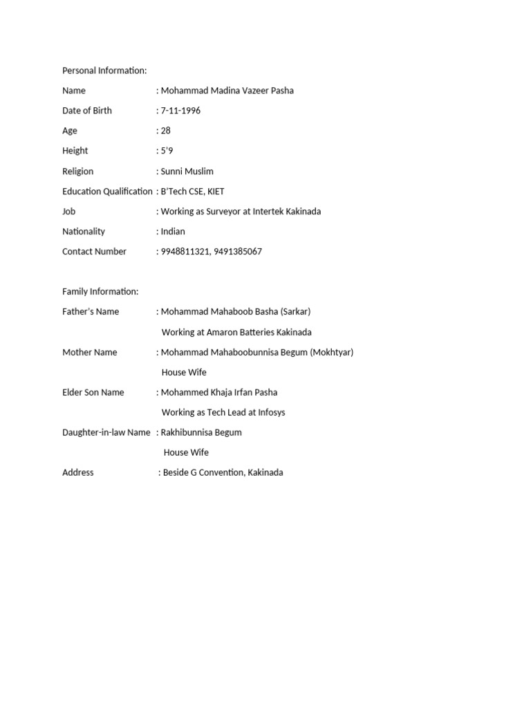 Personal Profile of Mohammad Vazeer Pasha | PDF