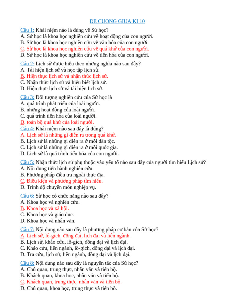 DE CUONG ON TAP GIUA KI 10. 2023 - 2024 (Có Đáp Án) | PDF