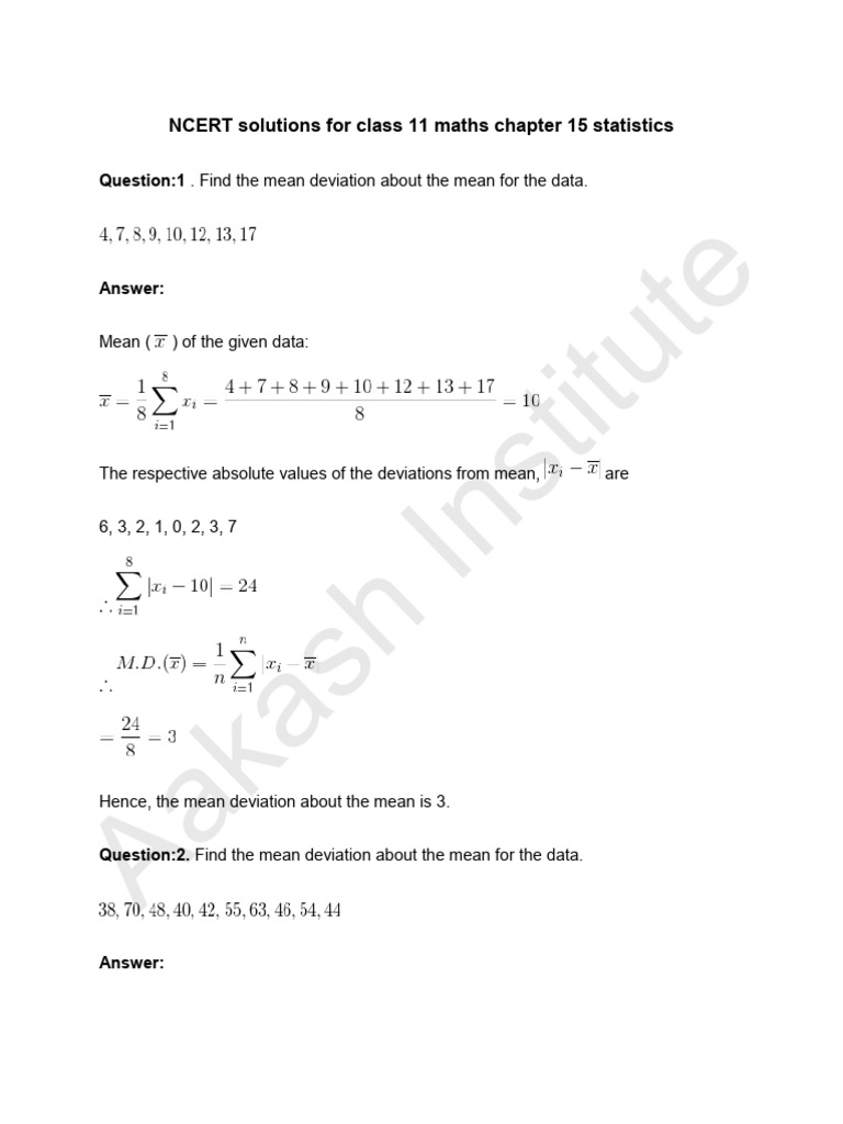 Class 11 Statistics NCERT Solutions | PDF | Coefficient Of Variation ...