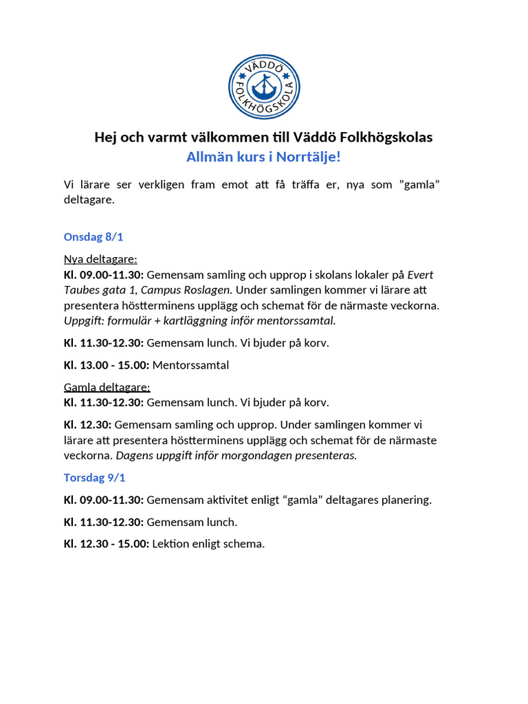 Välkomstbrev Allmän Kurs VT25 | PDF