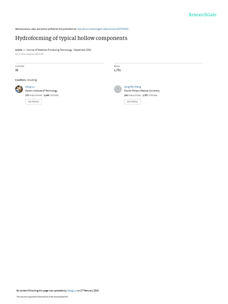 Hydroforming of Typical Hollow Components: Journal of Materials Processing Technology September ...