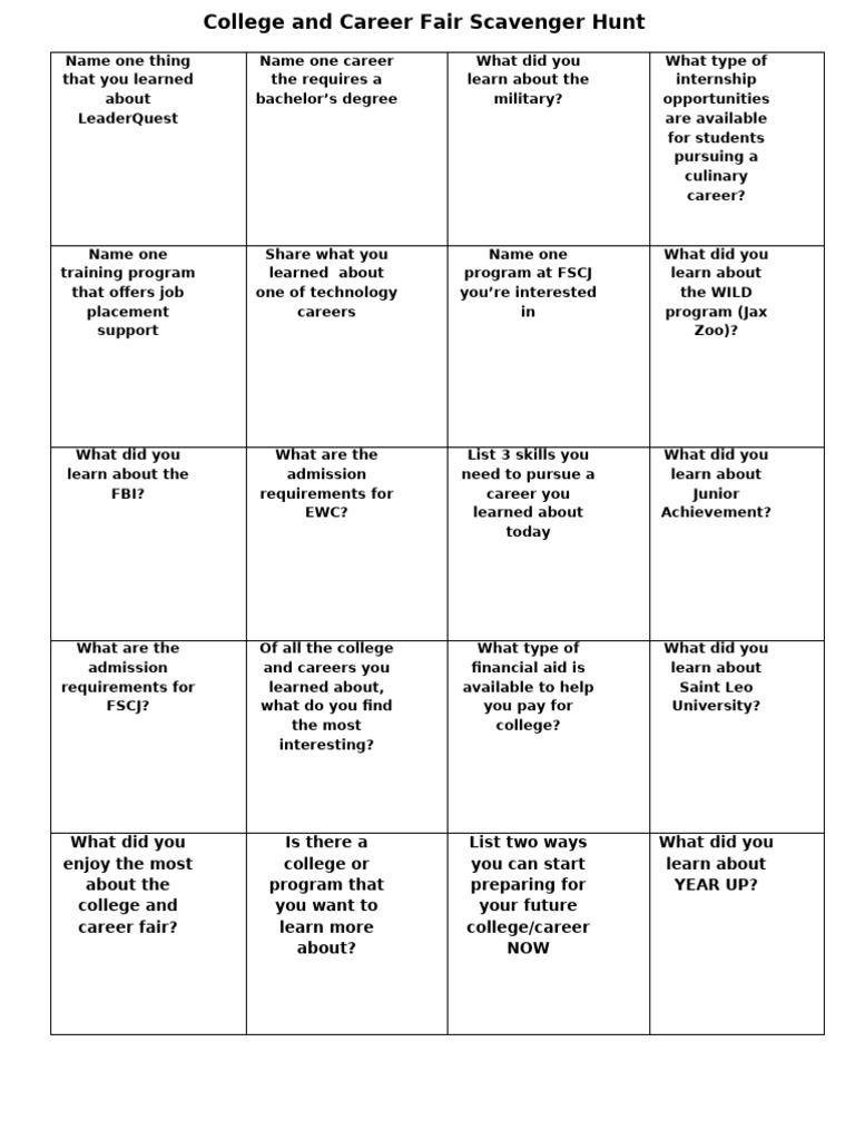 College and Career Fair Scavenger Hunt Bingo | PDF