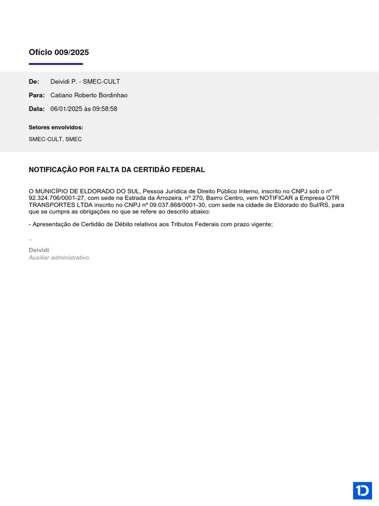 Emissao C82DA674F1286D337556347E Oficio-009-2025 Assinado VersaoImpressao | PDF