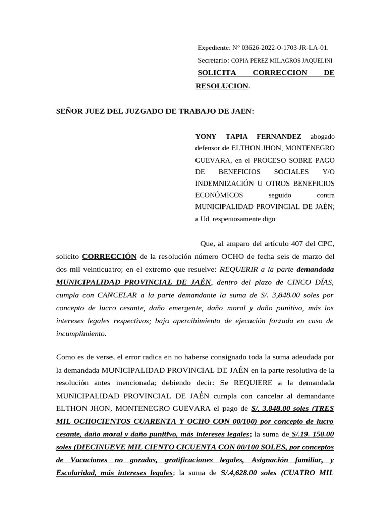 Solicito Correccion de Resolucion Elthon Jhon, Montenegro Guevara | PDF ...