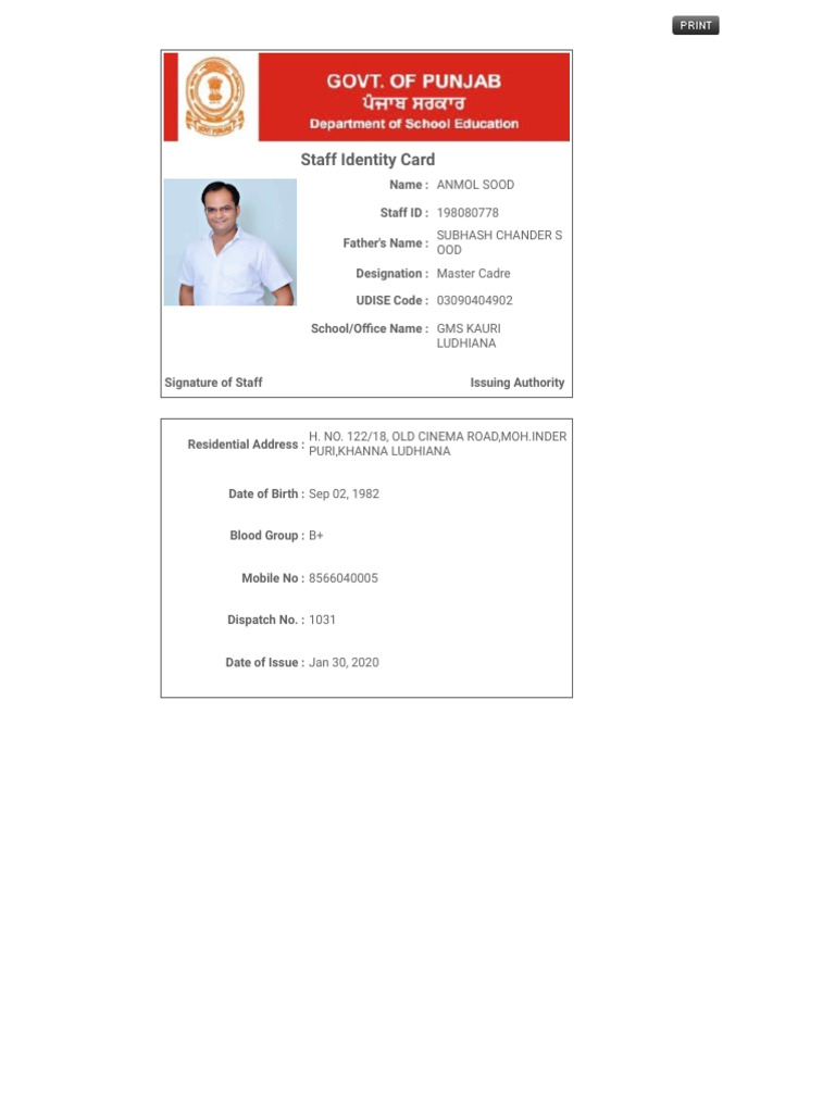 Punjab Staff Identity Card Details | PDF