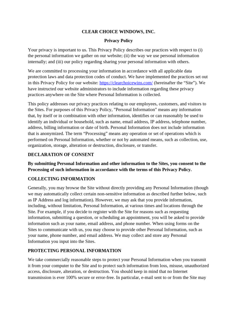 Clear Choice Windows Privacy Policy | PDF | Http Cookie | Privacy