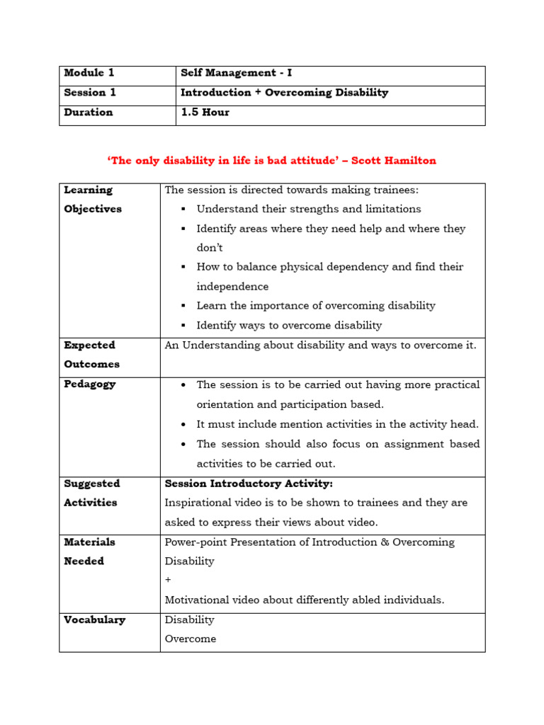 Module 1 Session 1 Introduction + Overcoming Disability | PDF ...