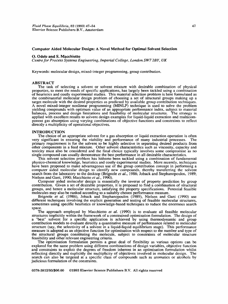Computer Aided Molecular Design - A Novel Method For Optimal Solvent ...