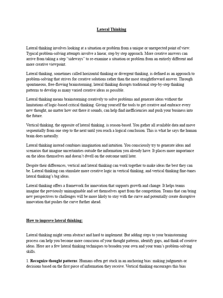 Lateral Thinking | PDF | Thought | Brainstorming