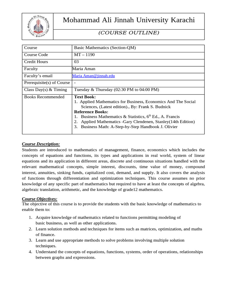Course Outline-Basic Mathematics (Fall 2024) | PDF | Equations | Mathematics