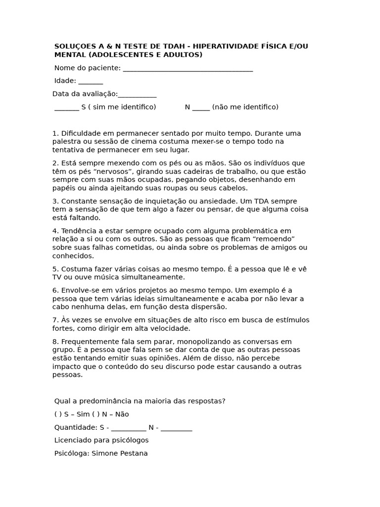 Tdah Teste Adulto | PDF