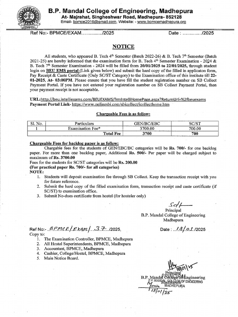 4th & 7th Sem Exam form Fillup Notice | PDF