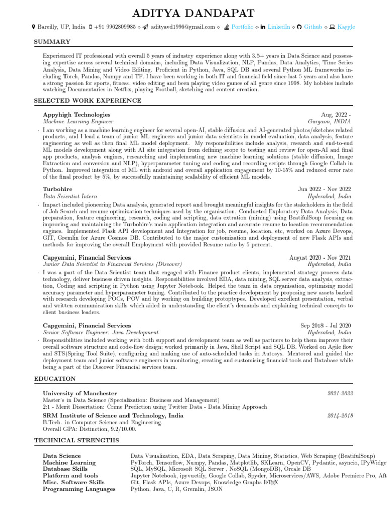 Aditya Dandapat DS Resume | PDF | Data Science | Machine Learning