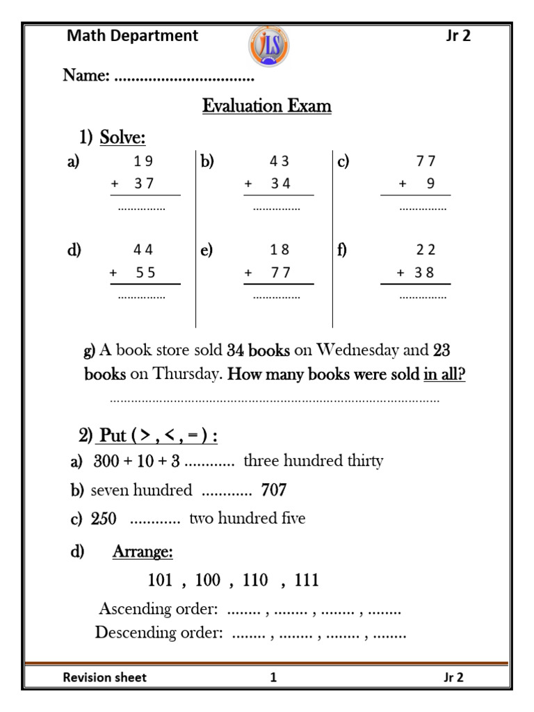 Exam Sample1 JR 2 1st Term | PDF