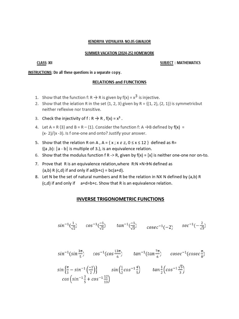 Summer Vacation Holiday Homework Class-xii-A | PDF | Matrix ...