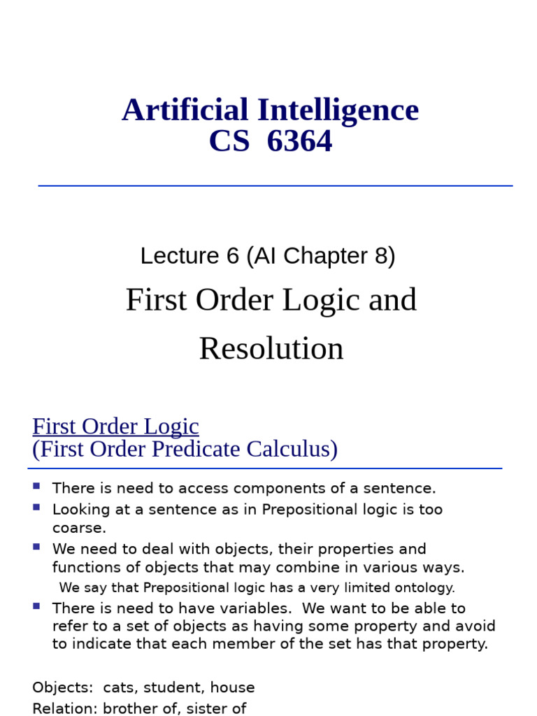 CS6364 Lecture6 - Ch08 FOL - Rev4(1) | PDF | First Order Logic | Syntax (Logic)