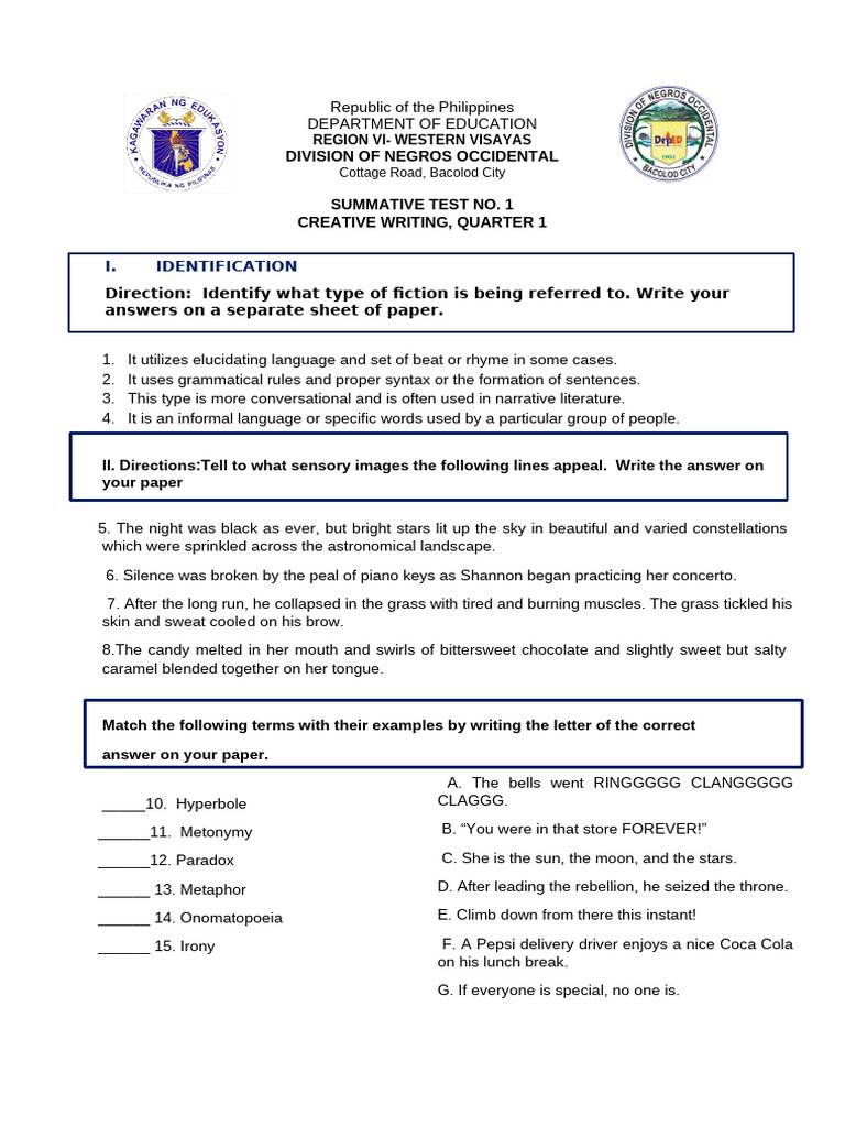SUMMATIVE TEST With TOS (CW) .MELC1 | PDF | Poetry