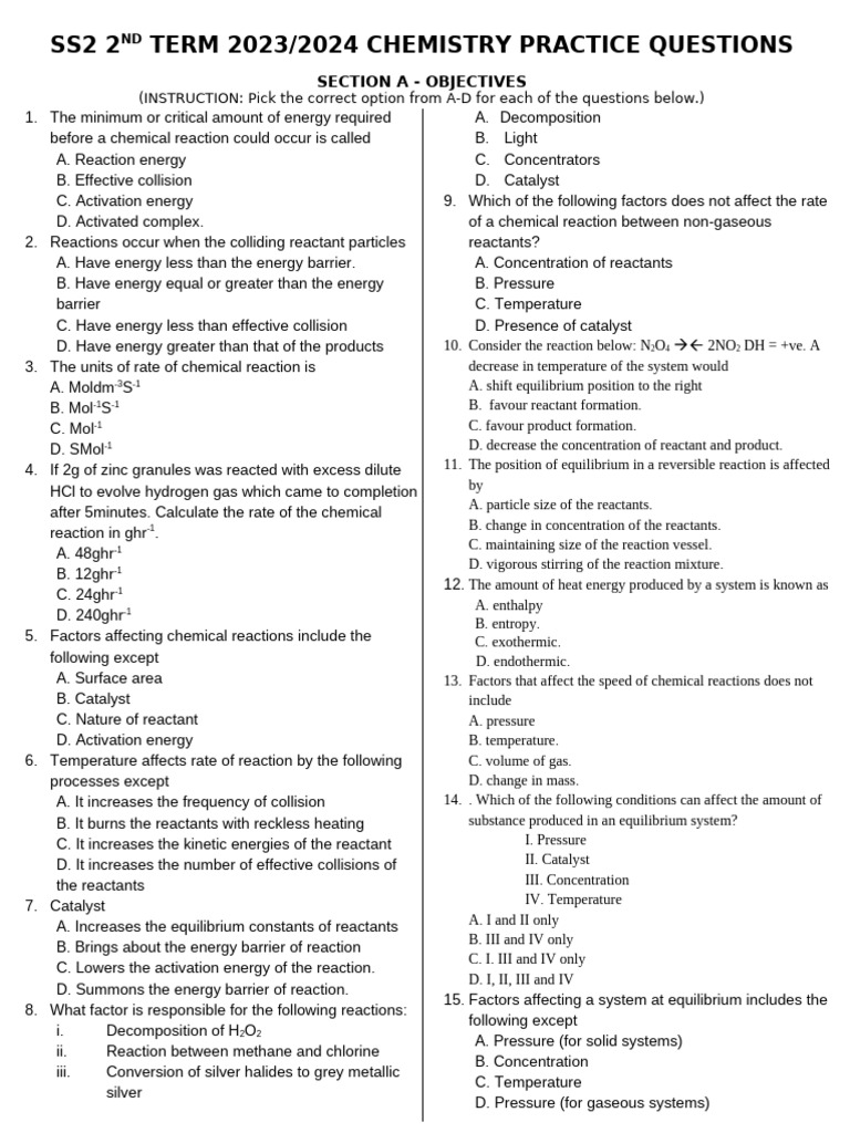 Chemistry Practice Questions 2023/2024 | PDF | Chemical Reactions ...