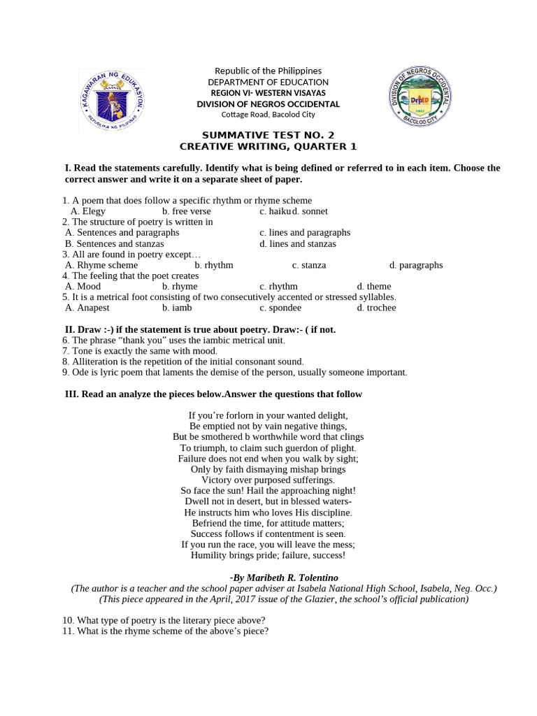 SUMMATIVE TEST with TOS (CW).MELC 2&3 | PDF | Poetry | Metre (Poetry)