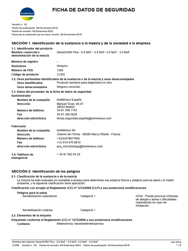 Ficha de Seguridad DensiCHEK Plus | PDF | Residuos | Alergia