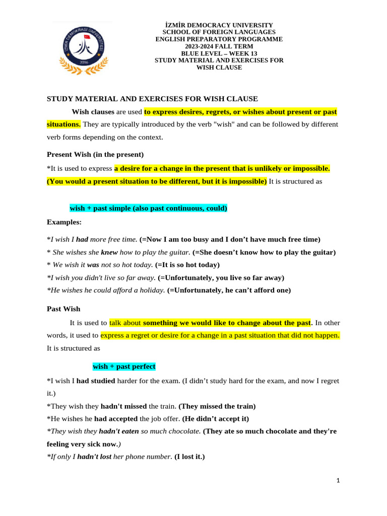 Wish Clause Study Material & Exercise | PDF | English Language ...