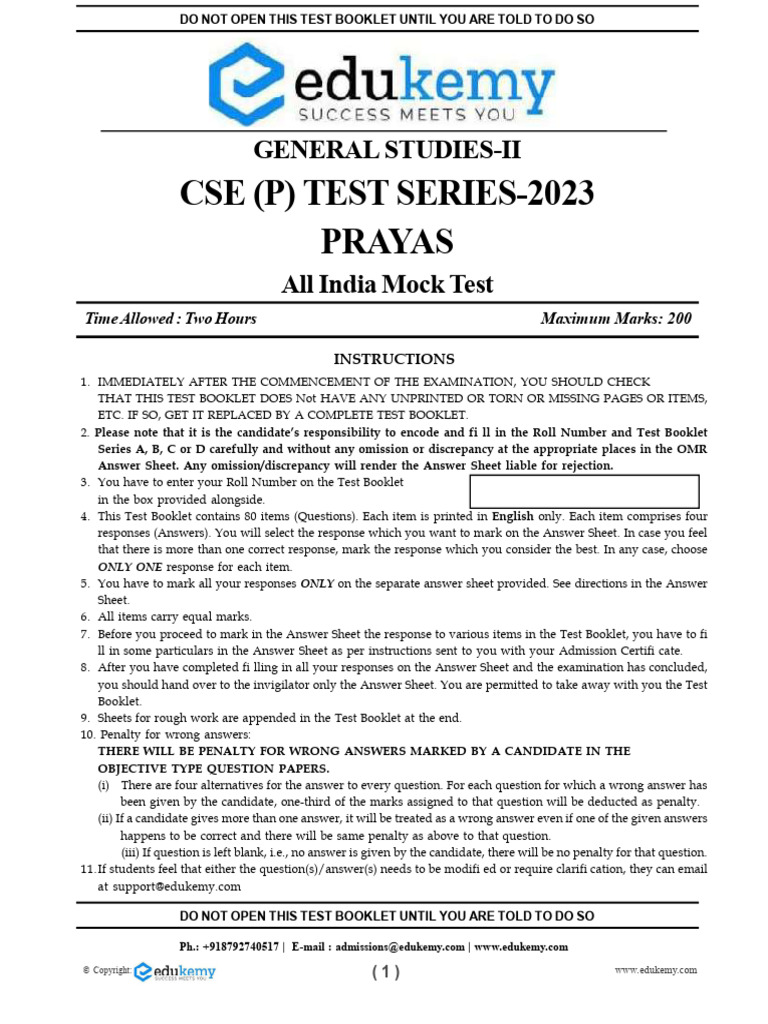 CSAT-Prayas All India Mock Test - Question Paper | PDF | Artificial ...