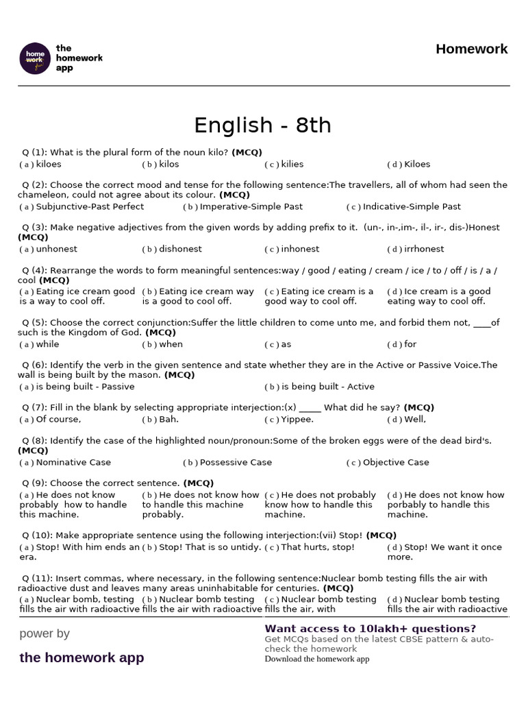 8th Grade English Homework MCQs | PDF | Adverb | English Language
