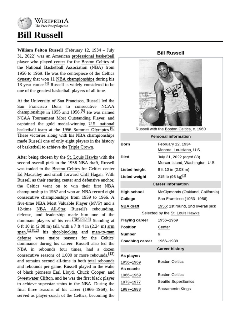 Bill Russell: NBA Legend and Pioneer | PDF | Boston Celtics | Nba Finals