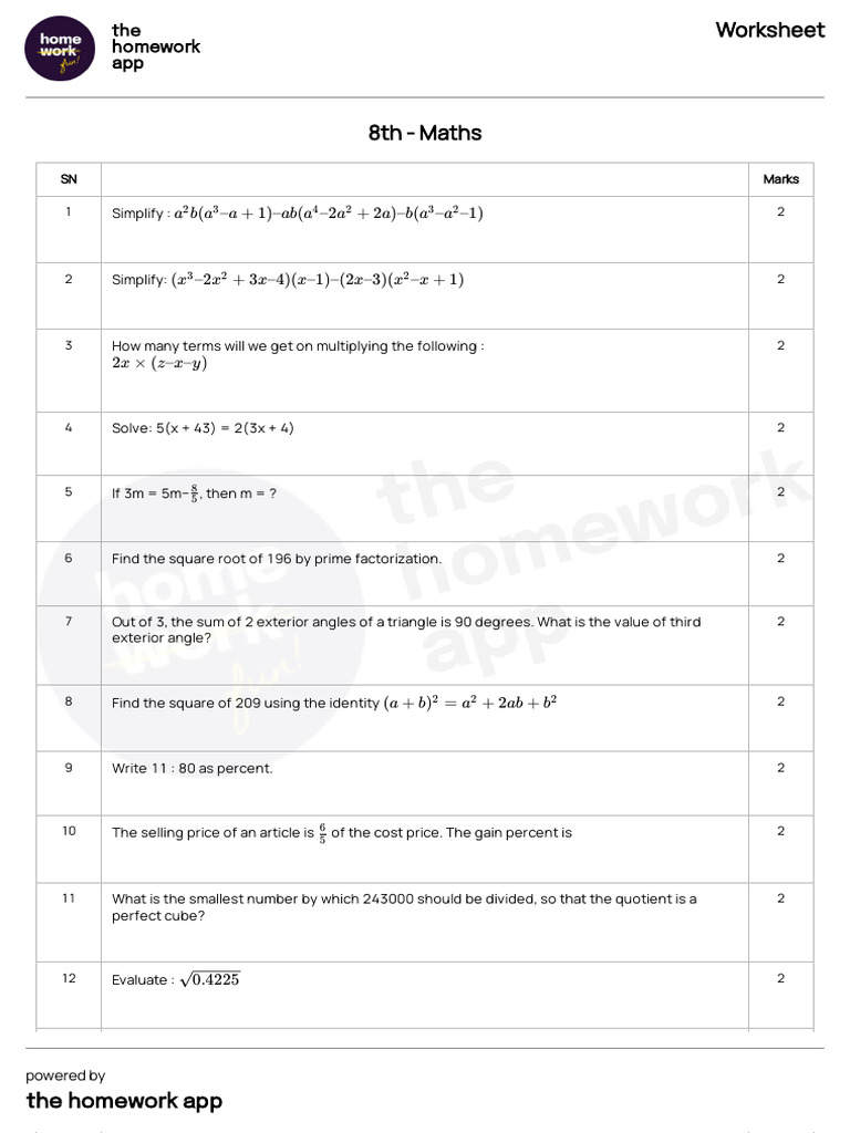 Questions - Worksheet - 8th - Maths - 2023-10-14T09 - 17 | PDF ...