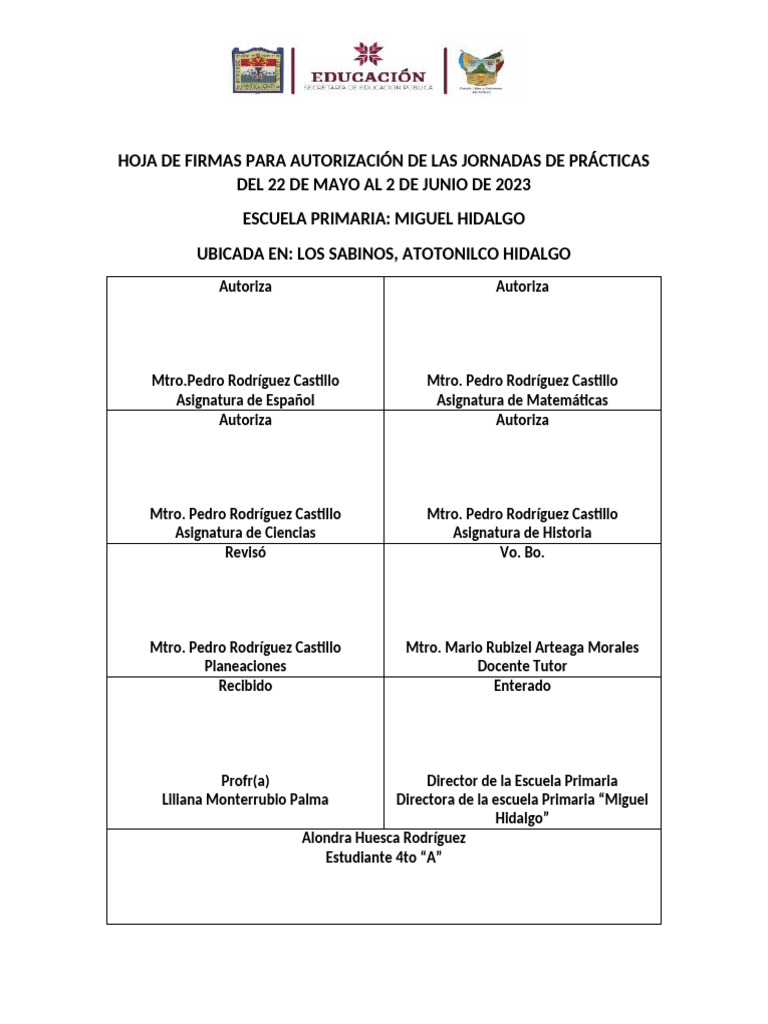 Copia de HOJA DE FIRMAS PARA AUTORIZACIÓN DE LAS JORNADAS DE PRÁCTICAS ...
