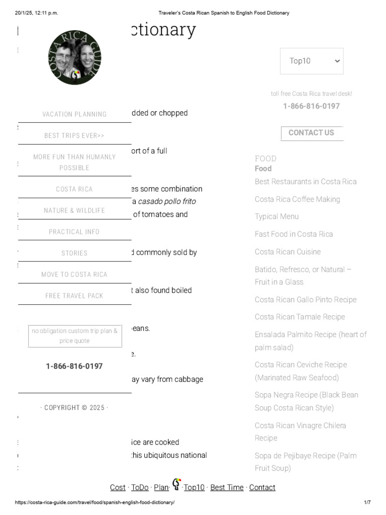 Traveler's Costa Rican Spanish To English Food Dictionary4 | PDF ...