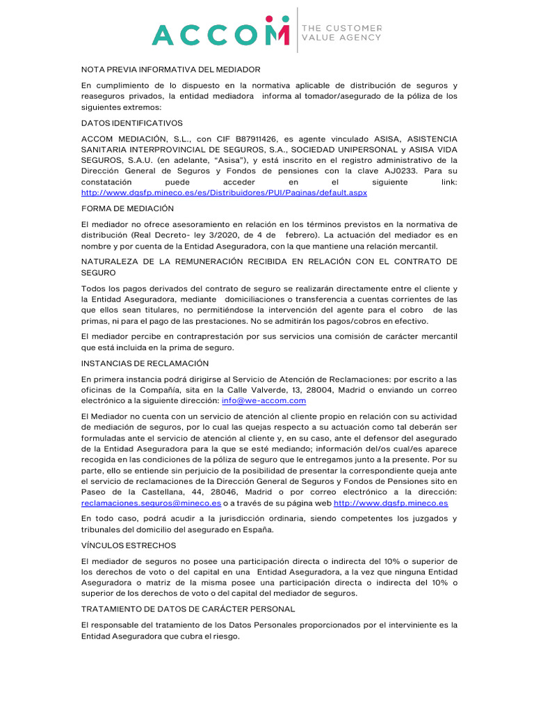 Nota Informativa Del Mediador - ACCOM - ASISA | PDF | Seguro | Póliza de seguros