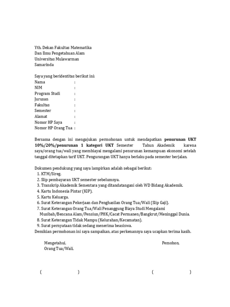 Permohonan Penurunan UKT Unmul | PDF