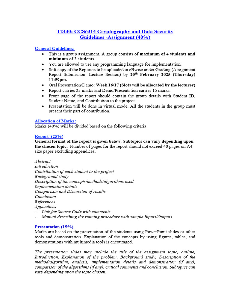 T2430 CCS6314 Assignment Guidelines | PDF | Encryption | Cipher