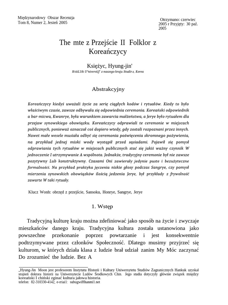 Hyoung Jin 2005 The Rite of Passage and Folklore of Koreans | PDF