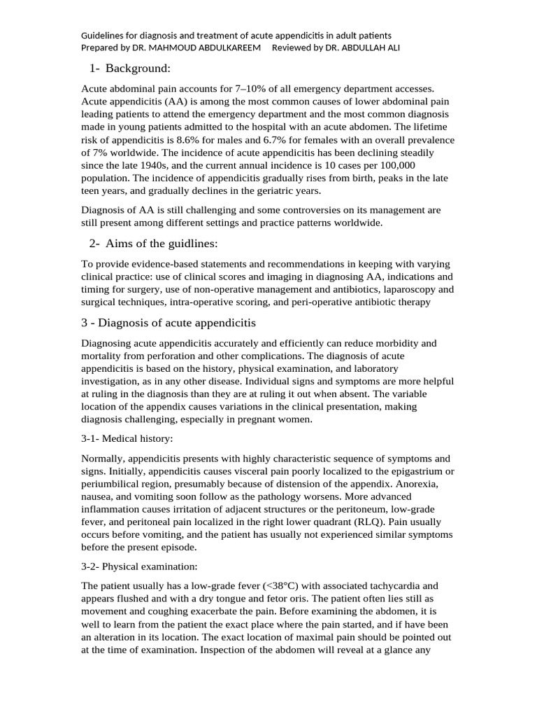 Guidelines For Diagnosis and Treatment of Acute Appendicitis in Adult ...