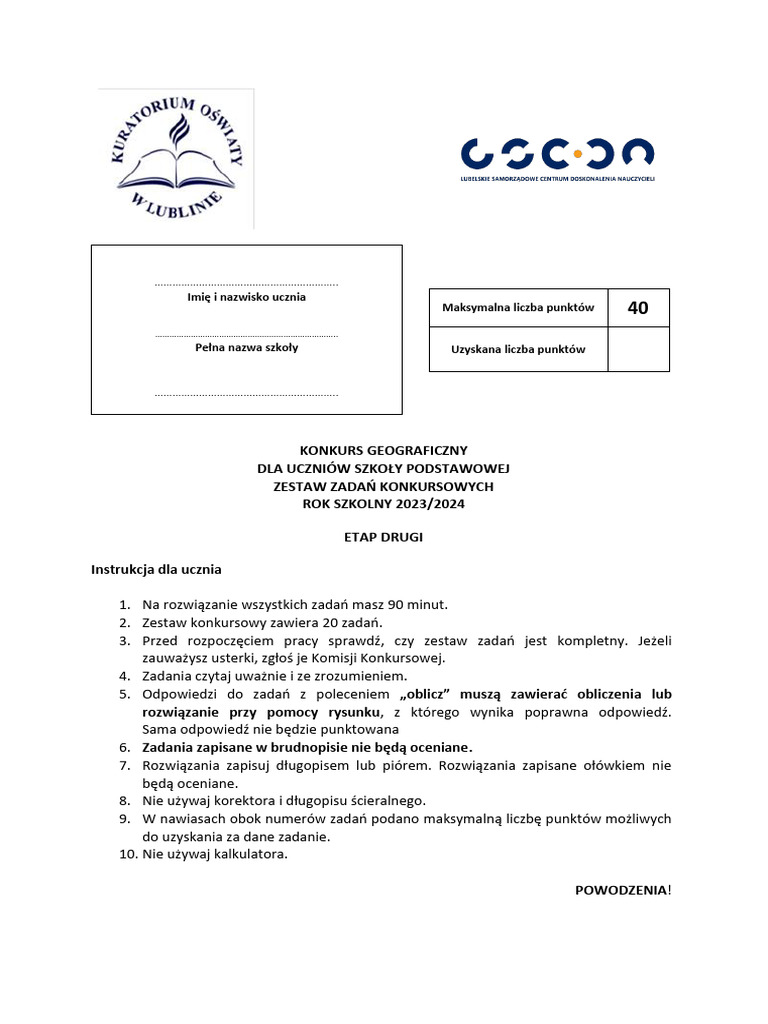Konkurs Geograficzny - Etap Rejonowy 2023 2024 | PDF
