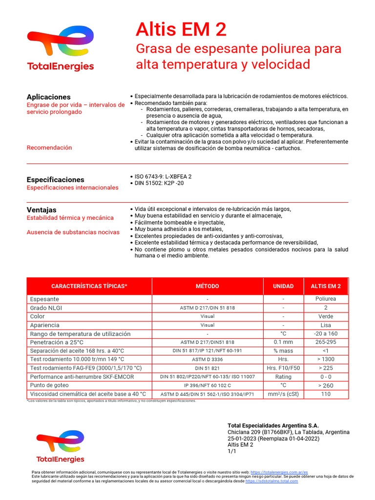Grasa Altis EM 2 para Alta Temperatura | PDF | Rodamiento (Mecánico ...