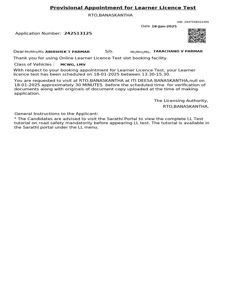 Provisional Appointment For Learner Licence Test | PDF