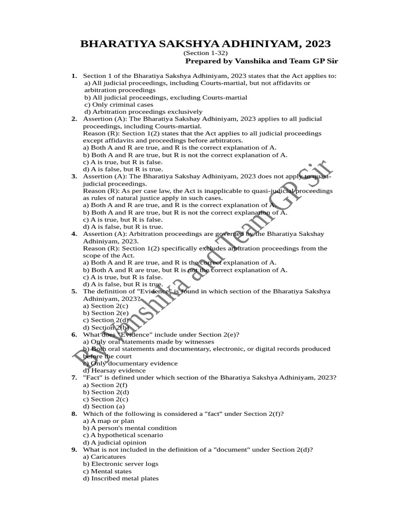 BSA MCQS S. 1-32 QQQ | PDF | Evidence (Law) | Hearsay