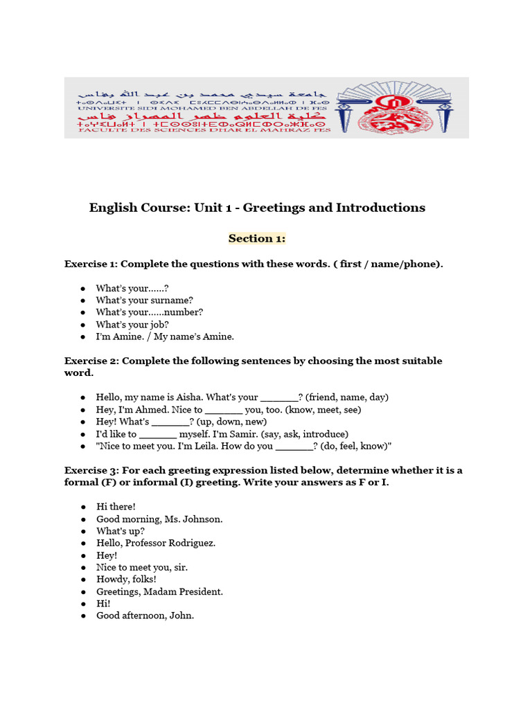 2. English Course_ Unit 1 -EX | PDF | Noun | Verb