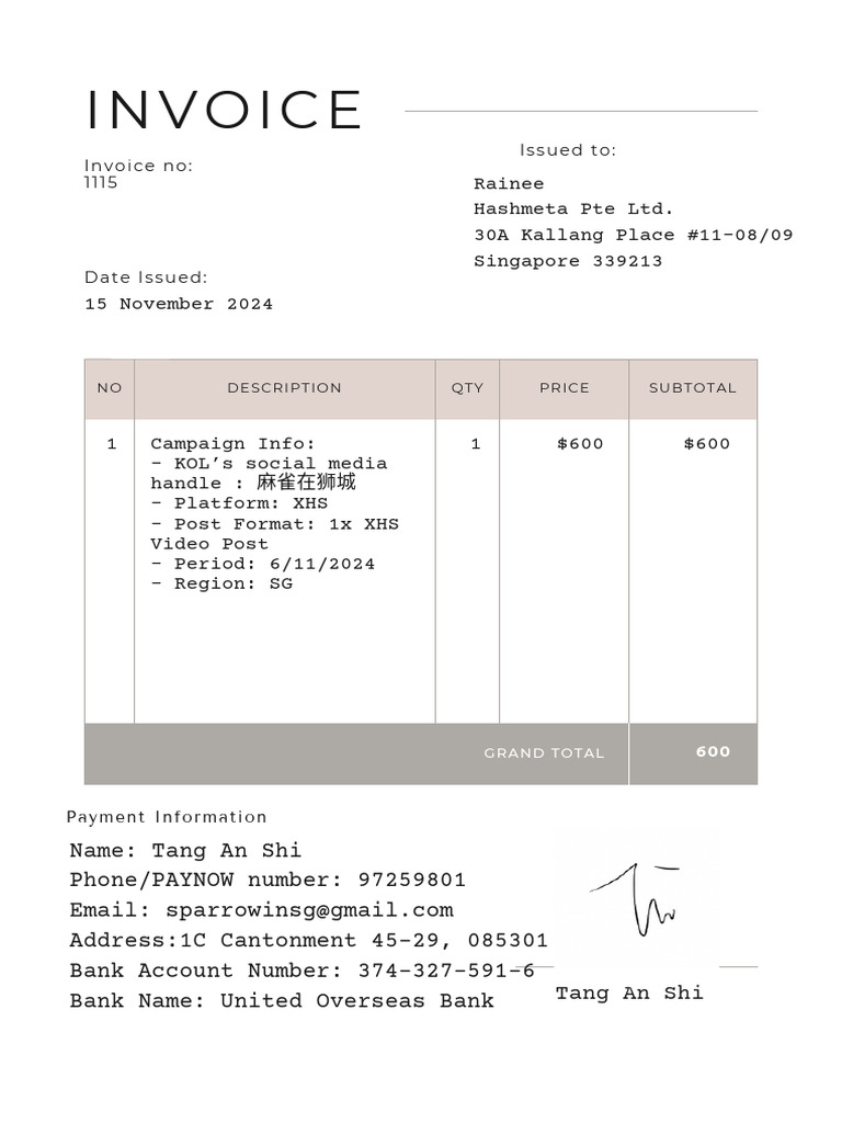 Invoice: Rainee Hashmeta Pte Ltd. 30A Kallang Place #11-08/09 Singapore ...