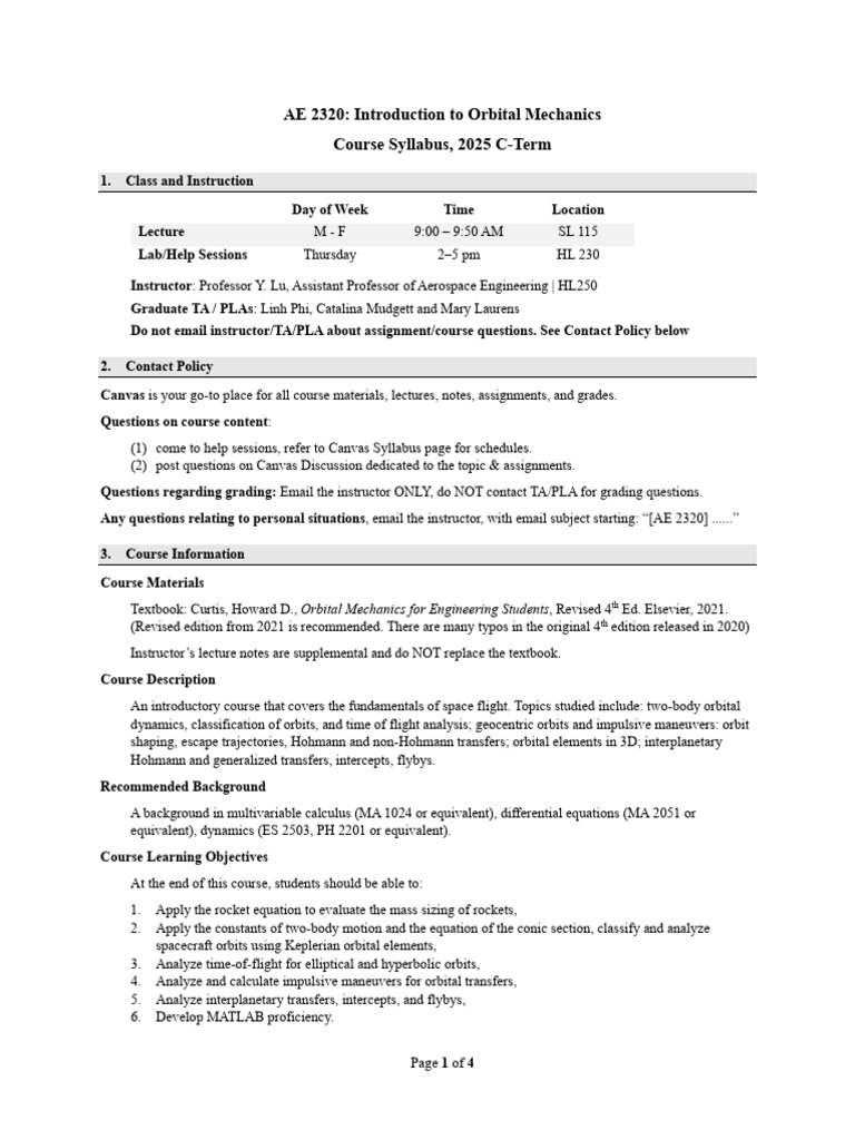 AE 2320 - Syllabus - C25 | PDF | Orbit | Orbital Maneuver