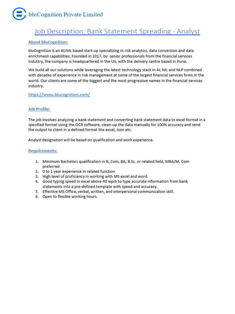 JD For Bank Statement Spreading - Analyst | PDF
