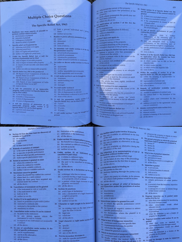 MCQs on Specific Relief Act, 1963 | PDF | Legal Remedy | Lawsuit