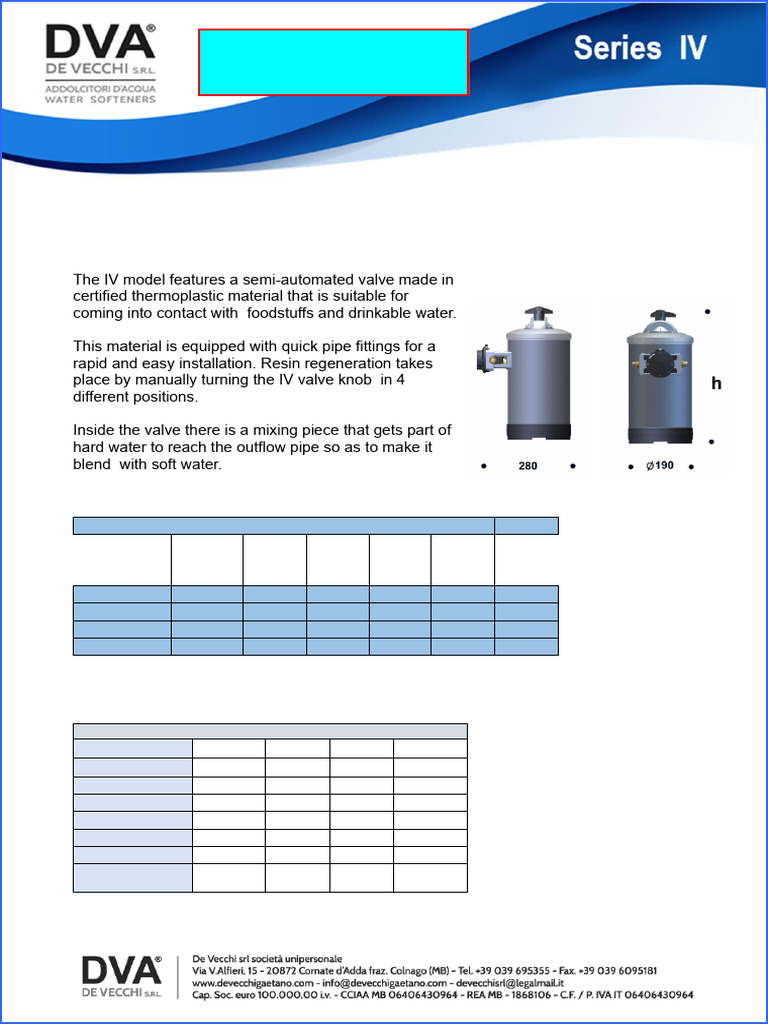DeVecchi DVA Softener Notizie Tecniche Serie IV Inglese | PDF | Tap (Valve) | Valve