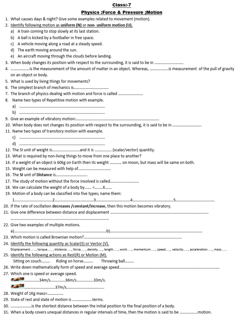 Class 7th Physics Force Pressure Motion | PDF | Weight | Force