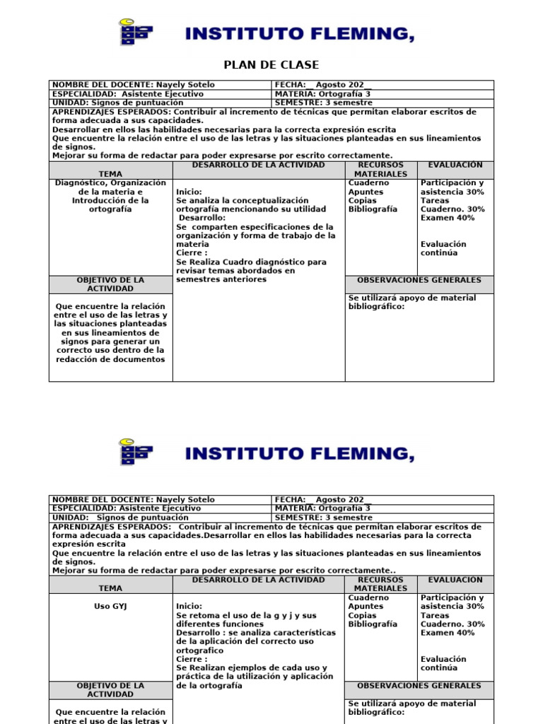 Plan de Clase: Ortografía y Puntuación | PDF | Evaluación | Ortografía