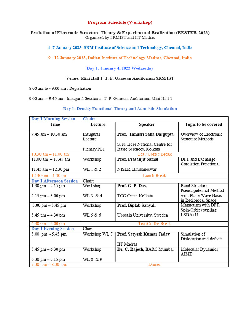 Workshop - Program Schedule - EESTER - 2023 | PDF | Quantum Chemistry | Density Functional Theory